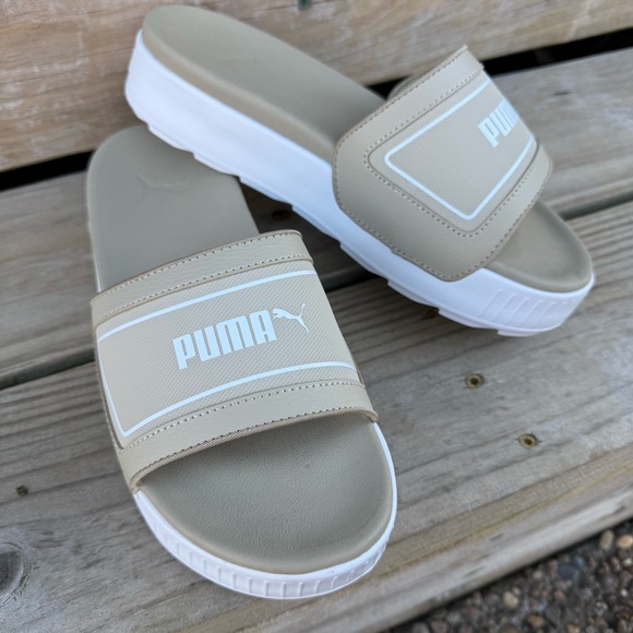 Puma | Shoes | Puma Karmen Slides Sandals Platform Tan White Sandals ...